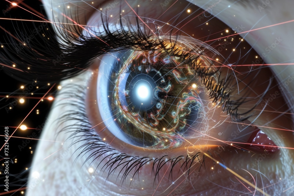 Human Cyborg AI Eye ocular trauma surgery. Eye ptosis optic nerve lens ...