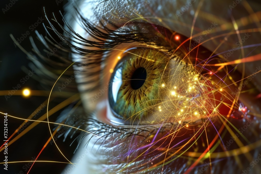 Human Cyborg AI Eye intraocular lens. Eye orbicularis oculi muscle ...