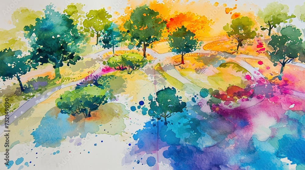 Landscape architect plan design. Watercolor hand painted with brushes ...