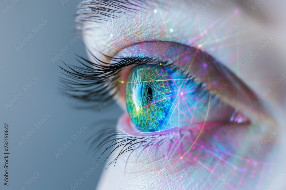 Human Cyborg AI Eye iris color. Eye Combination glaucoma eye drop optic nerve lens ocular ...