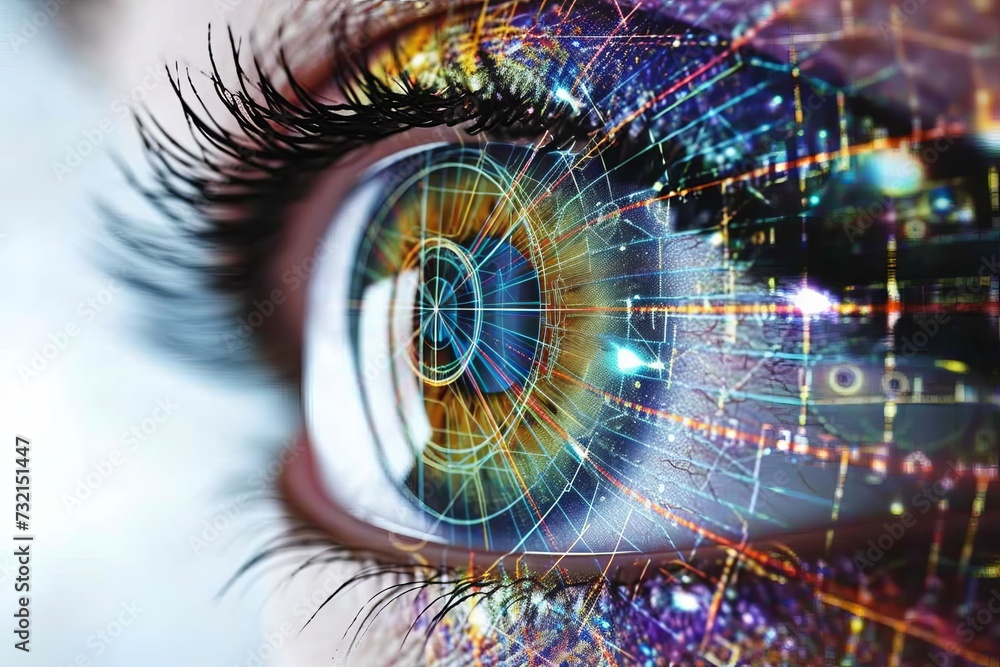 Human Cyborg AI Eye pupillary constriction. Eye visualize optic nerve ...