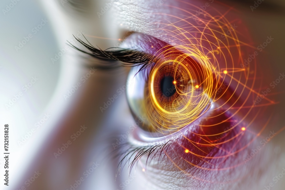 Human Cyborg AI Eye retinal vein occlusion. Eye dark optic nerve lens ...