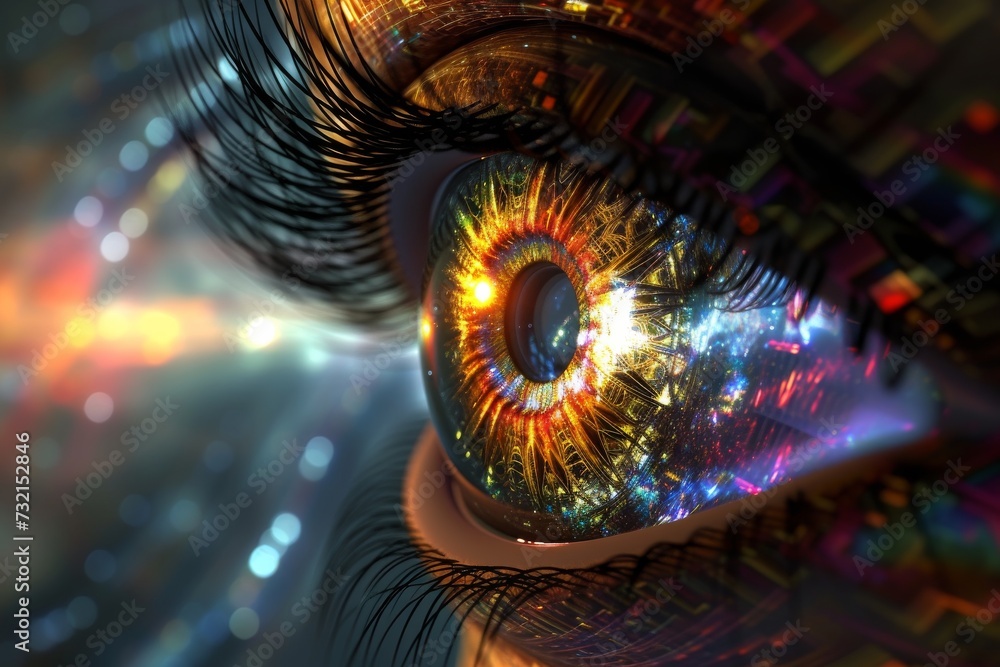 Human Cyborg AI Eye color blindness. Eye lens curvature optic nerve ...