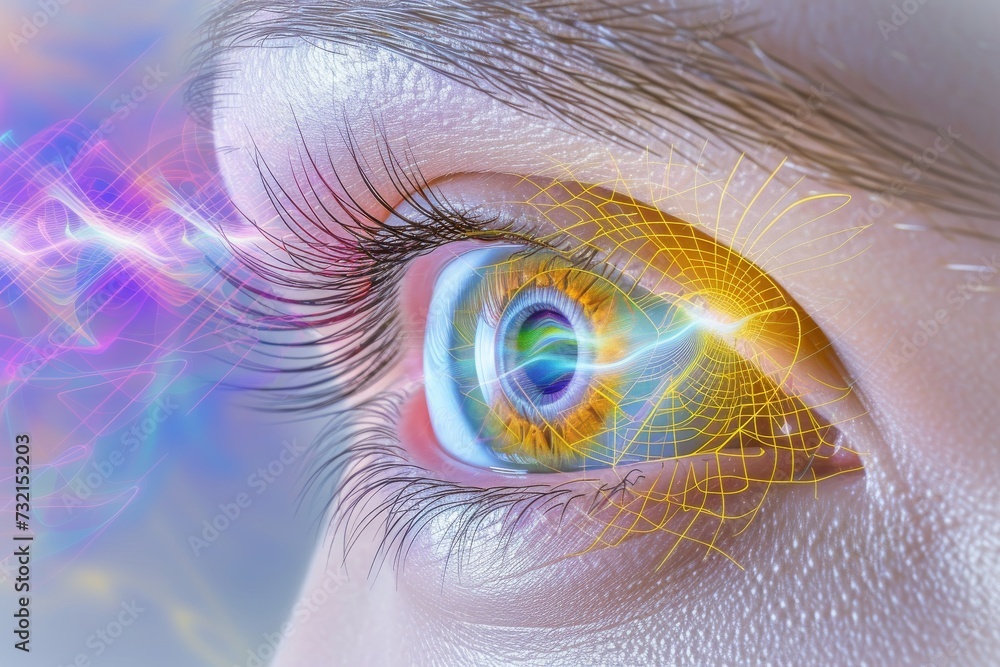 Human Cyborg AI Eye upper eyelid blepharoplasty. Eye pupil dilation ...