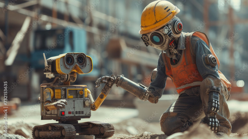 sci fi robot engineer and a man inspection construction work with a ...