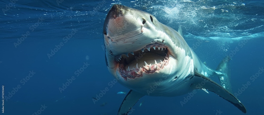 A shark from the Lamnidae family, with its mouth wide open, swims in ...