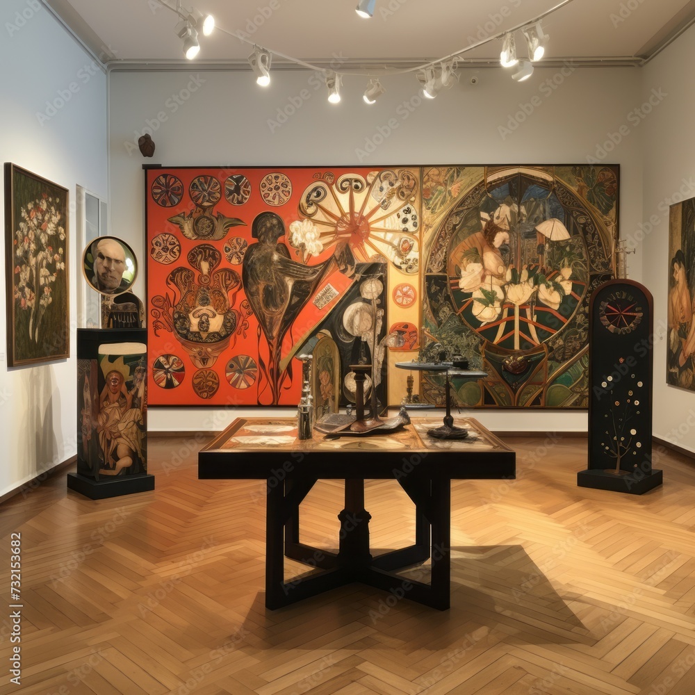 Realistic indoor photograph of a museum exhibition hall with pre-World ...