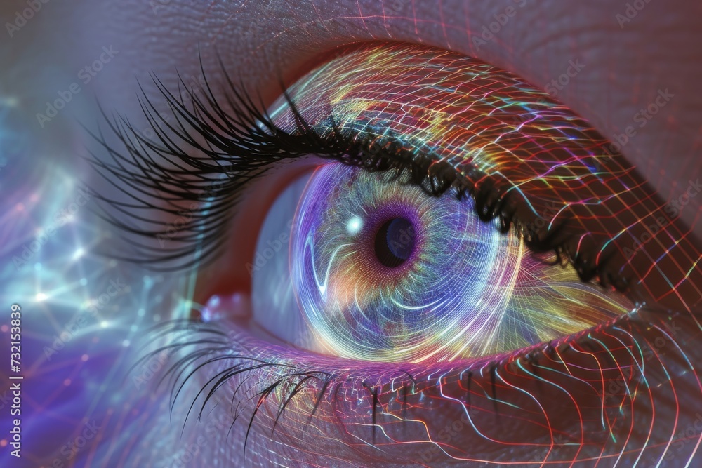 Human Cyborg AI Eye looking. Eye ophthalmic vein optic nerve lens ...
