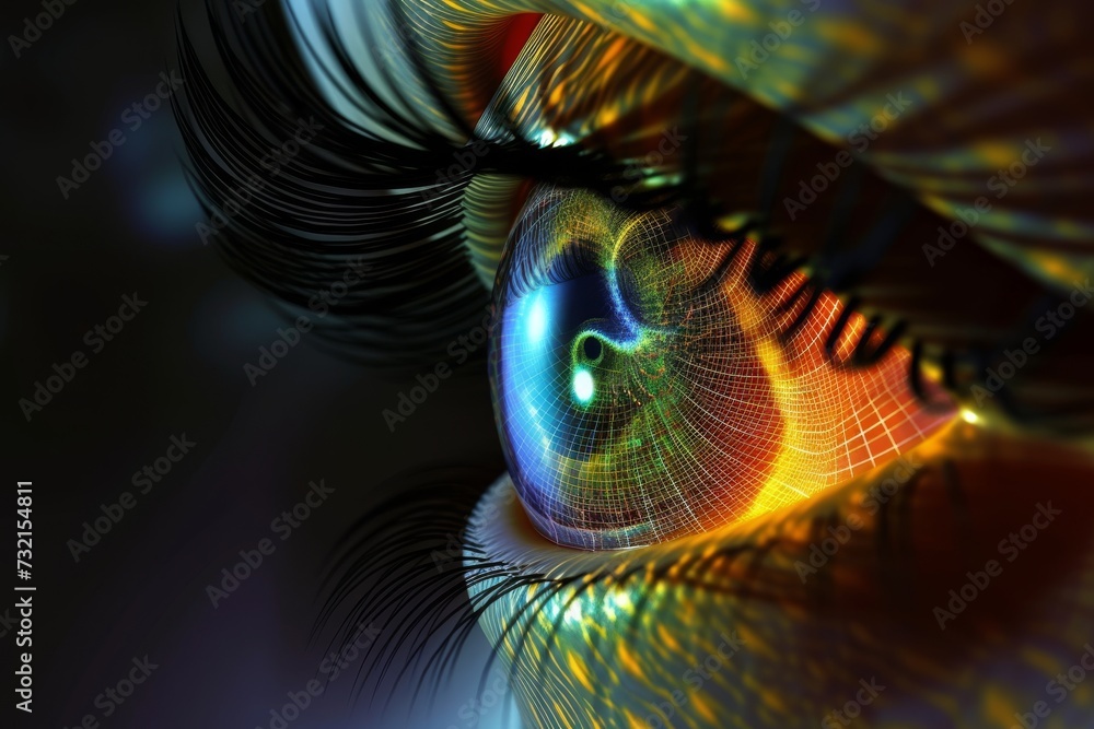 Human Cyborg AI Eye view. Eye retinal vasculitis optic nerve lens ...