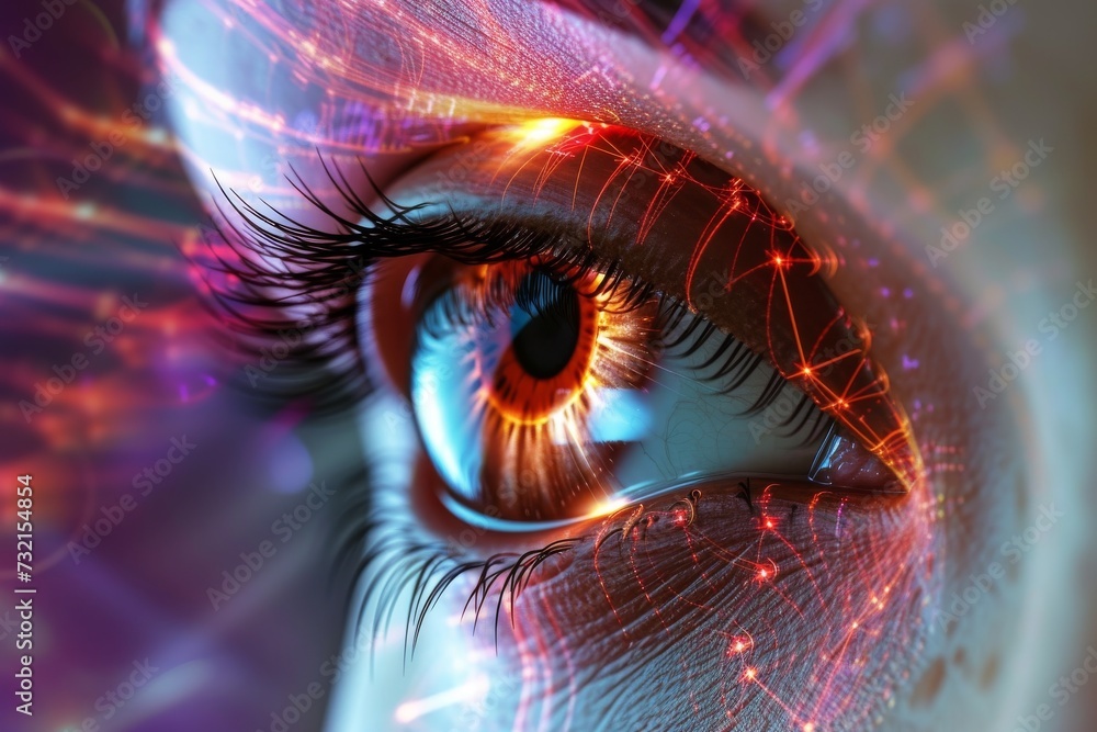 Human Cyborg AI Eye cone cells. Eye flashing lights optic nerve lens ...
