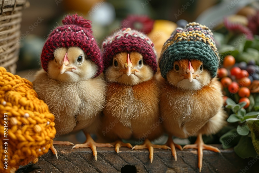 Chickens in cozy hats wandering a barnyard, autumn decorations abound ...
