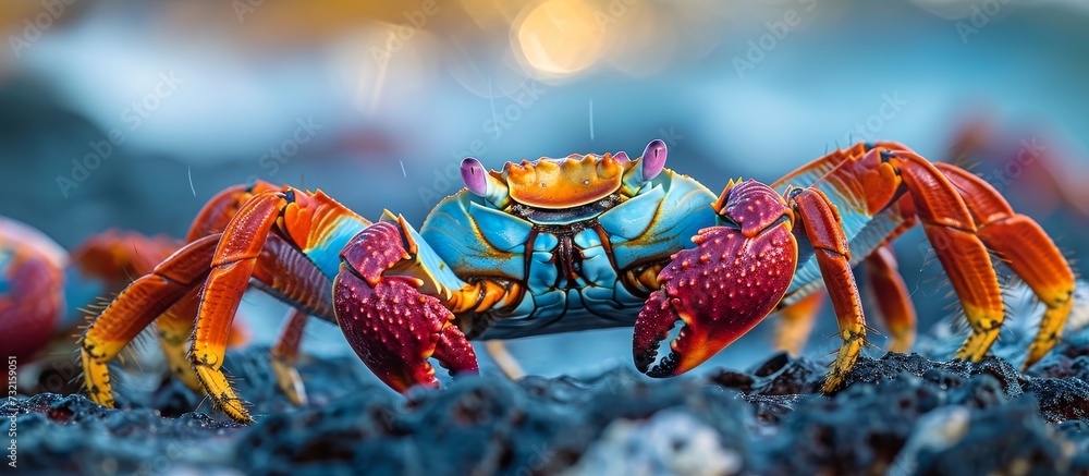 An electric blue arthropod, known as a crab, rests gracefully on a rock ...