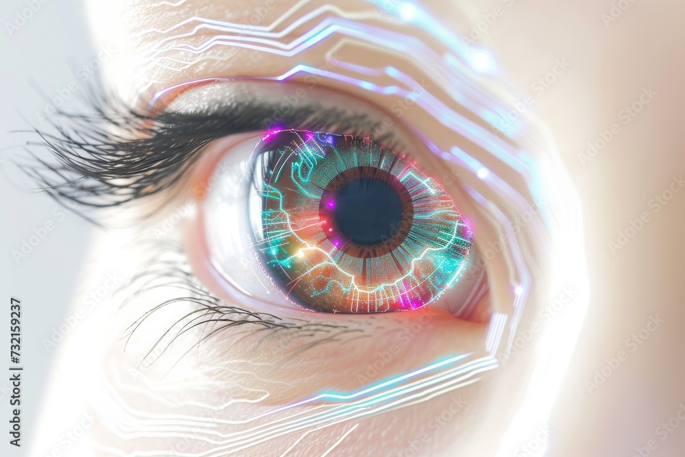 Human Cyborg AI Eye illustration. Eye space optic nerve lens color ...