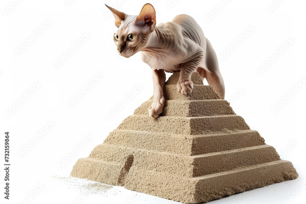 Sphynx hairless cat sitting on a miniature Pyramid or sand castle ...