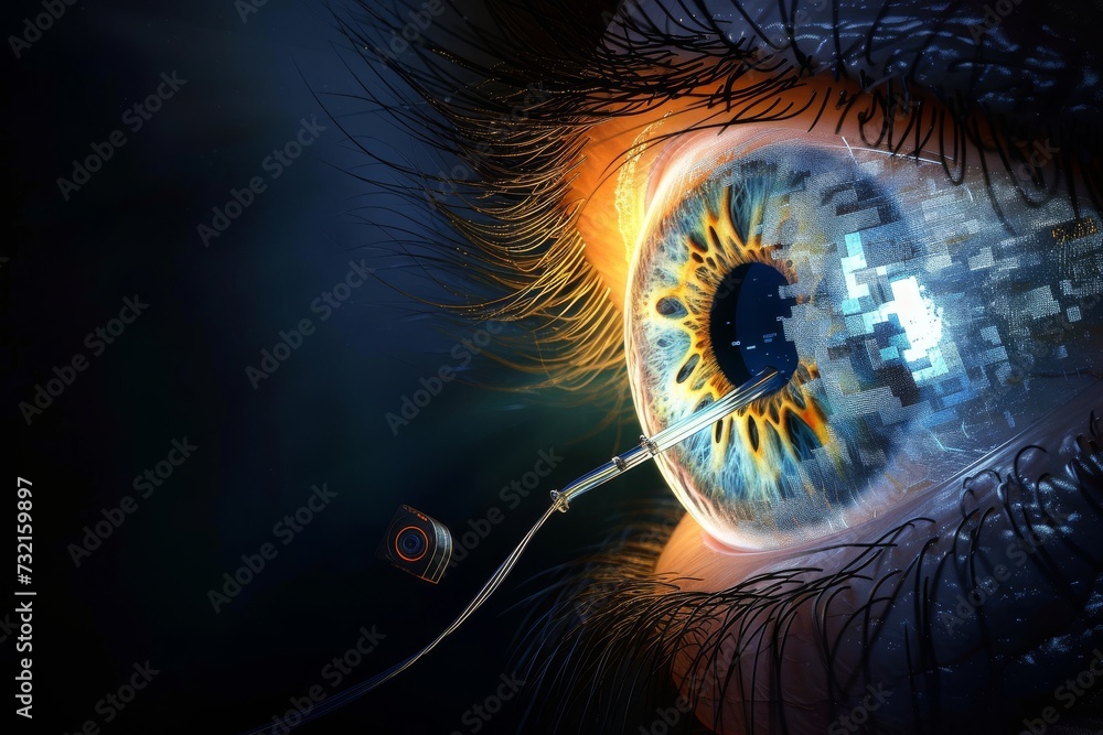 Human Cyborg AI Eye optic nerve tumor. Eye posterior chamber optic ...