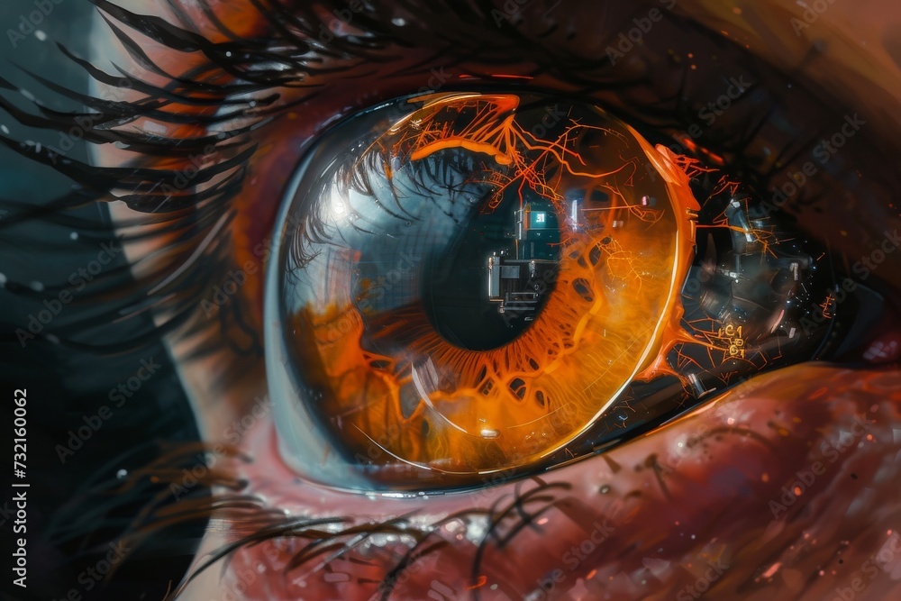 Human Cyborg AI Eye iris recognition. Eye lens thickness optic nerve ...