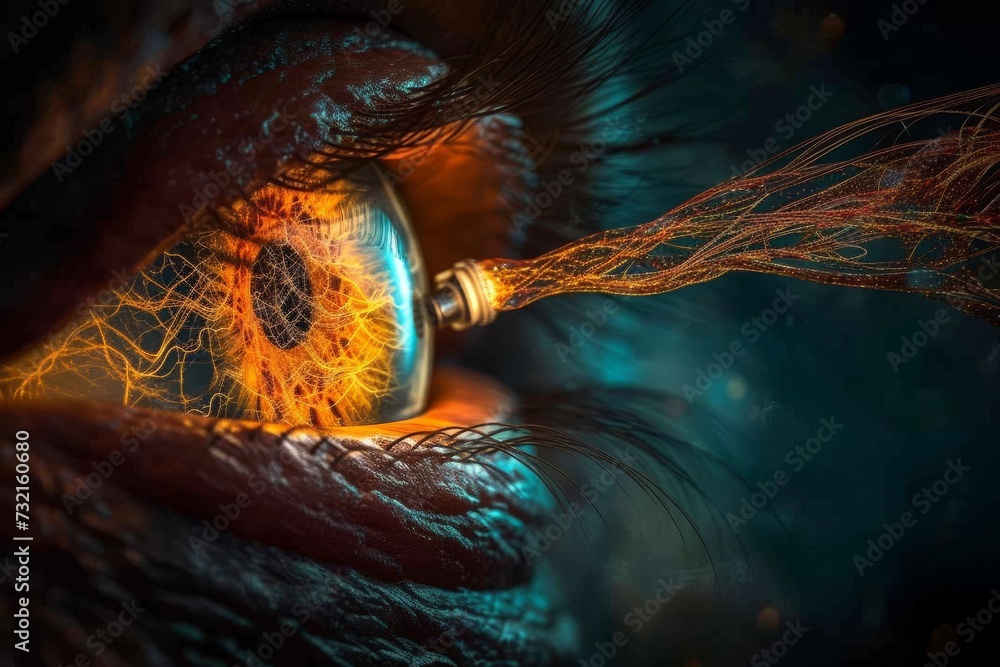 Human Cyborg AI Eye fovea. Eye eyelid fold optic nerve lens conjunctiva ...