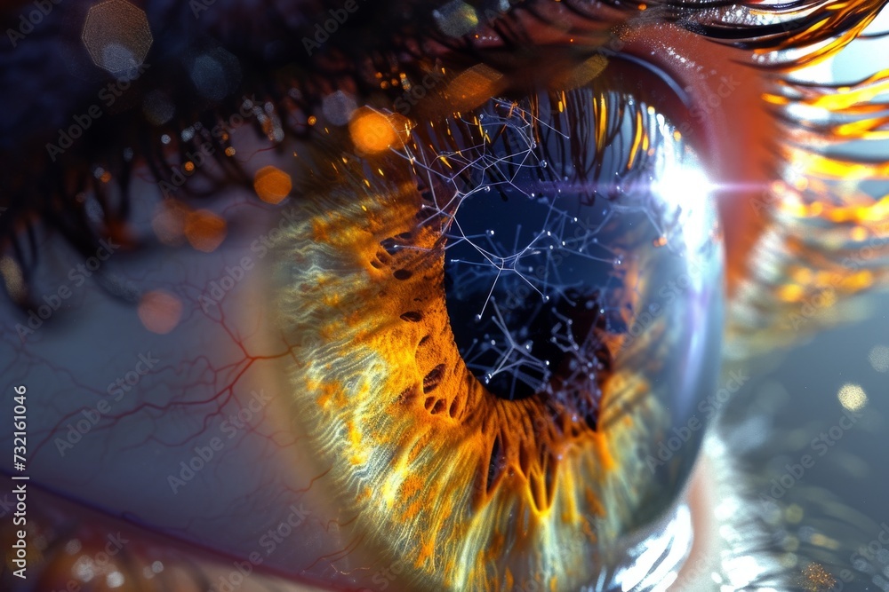 Human Cyborg AI Eye optic nerve sheath. Eye conjunctiva optic nerve ...