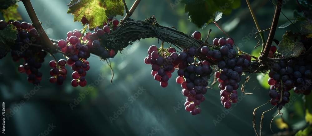 A cluster of grapes adorns a vine amidst a dense forest, highlighting ...