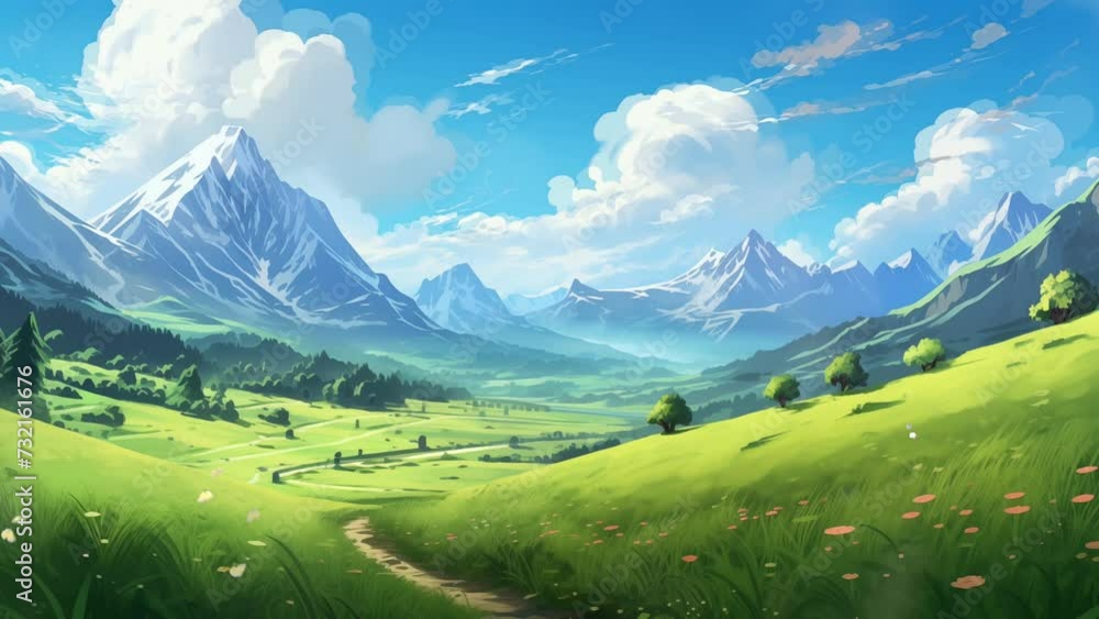 Vidéo Stock Animated illustration of a valley view with wide grass and ...