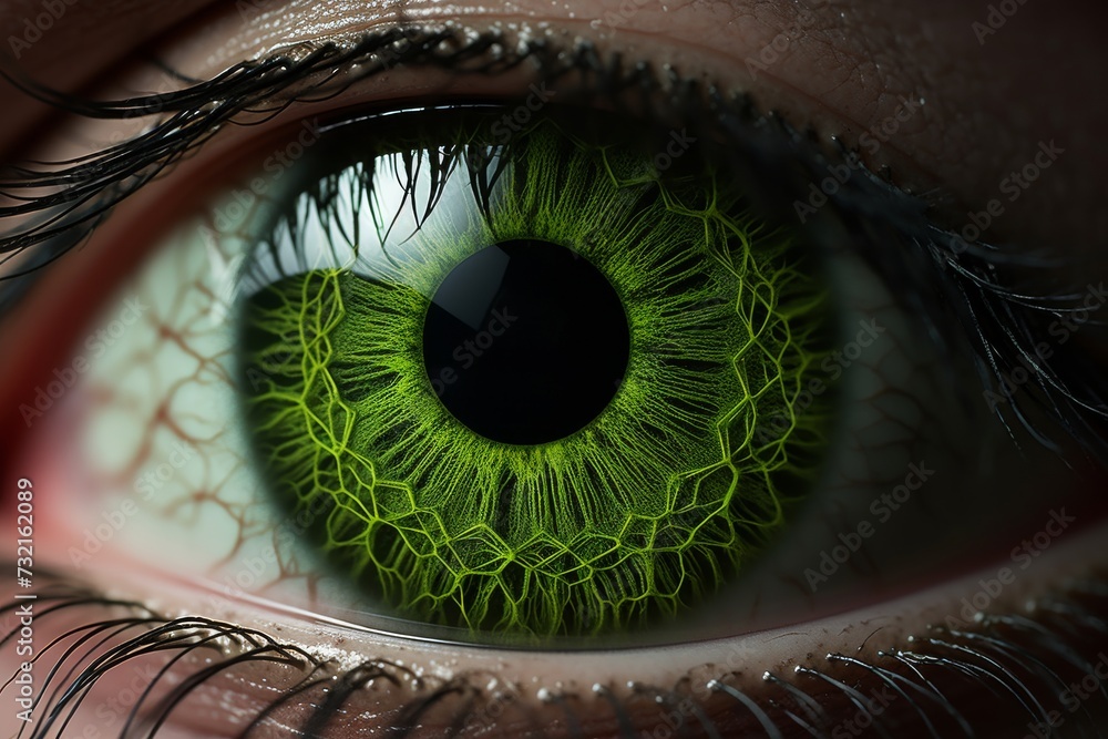 Ilustrace „Human Cyborg AI Eye lens cleaning. Eye circle optic nerve ...