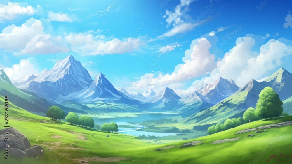 Animated illustration of a valley view with wide grass and beautiful ...