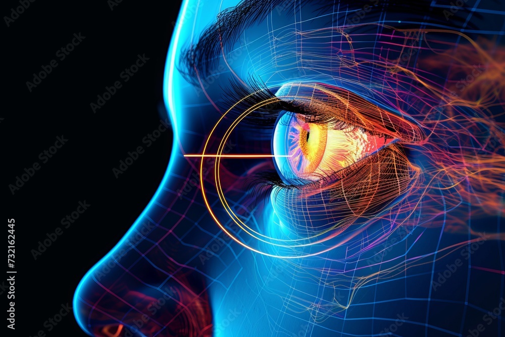 Human Cyborg AI Eye blue. Eye corneal ulcer optic nerve lens trigeminal ...