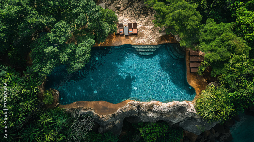 top view at a swimming pool in the green jungle rainforest Stock Photo ...