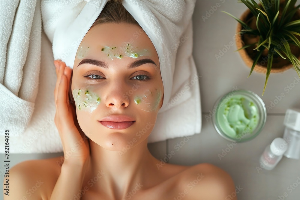 Skincare Model bha. Beautiful Woman uses face cream, designer eye patch, skin care products ...