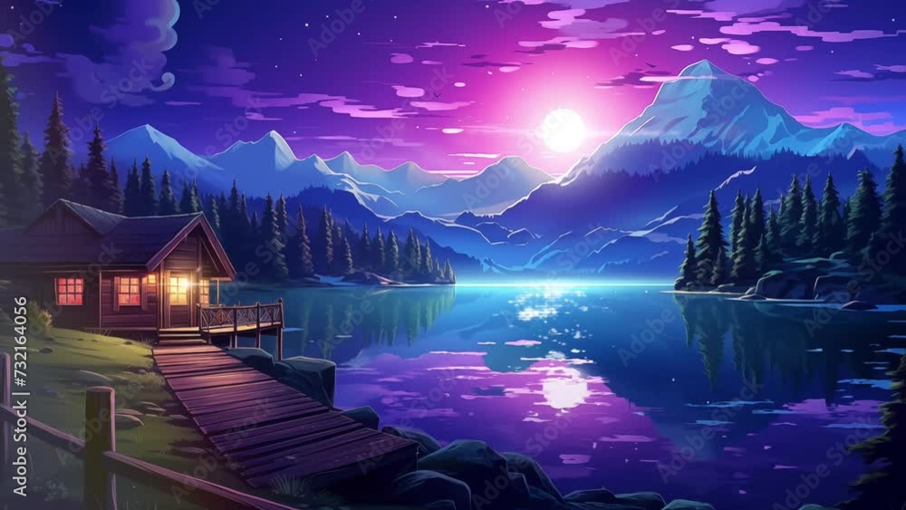 Vidéo Stock Animated illustration of a calm lake with mountain views at ...