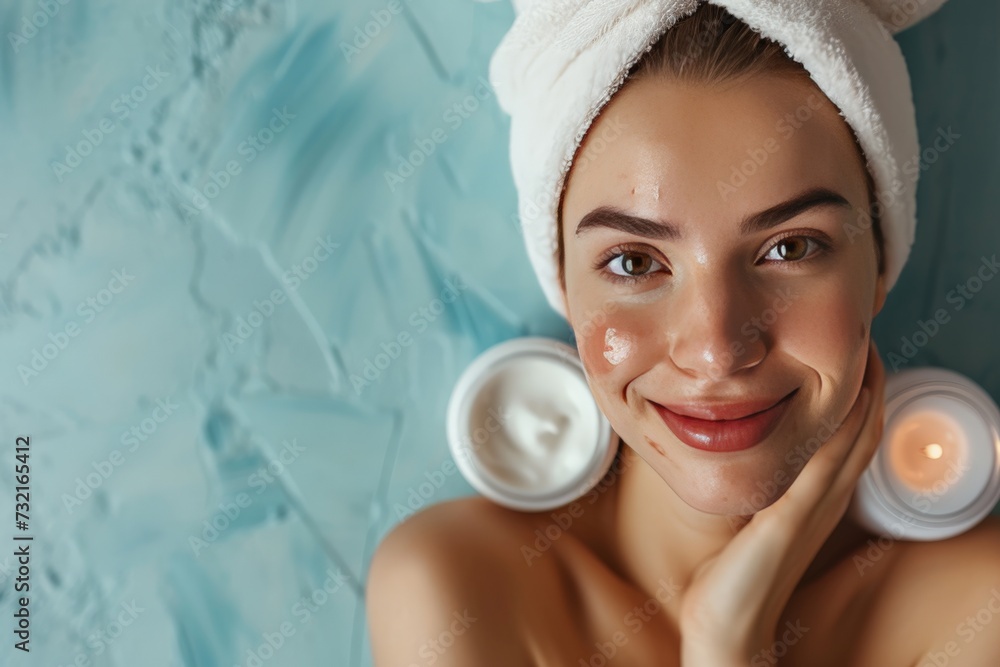 Skincare Model social connection. Beautiful Woman uses face cream, mask ...
