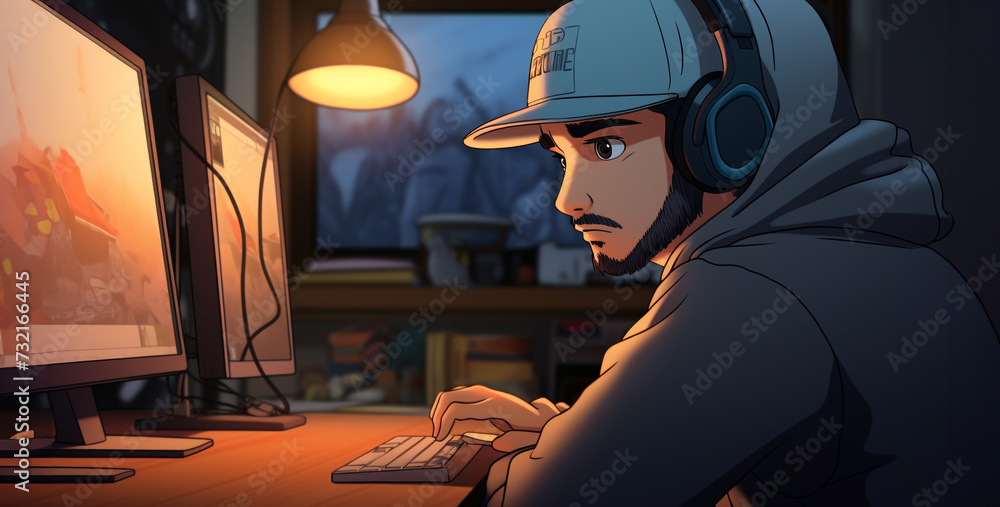 Hacker in a hood is hacking into a computer. Vector illustration.Young ...