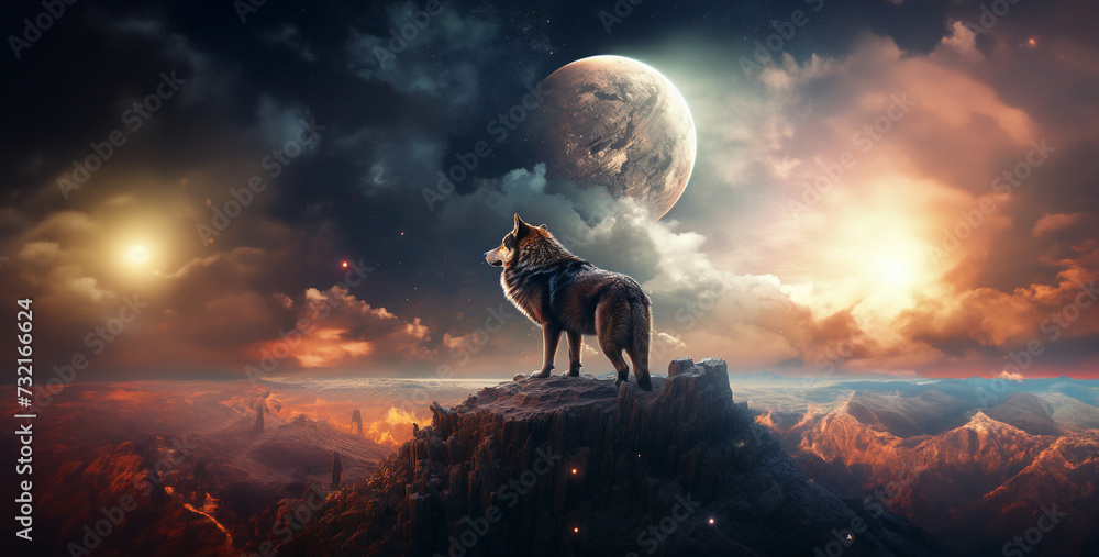Wolf howling at the full moon.Wolf howling on the edge of the cliff. 3d ...