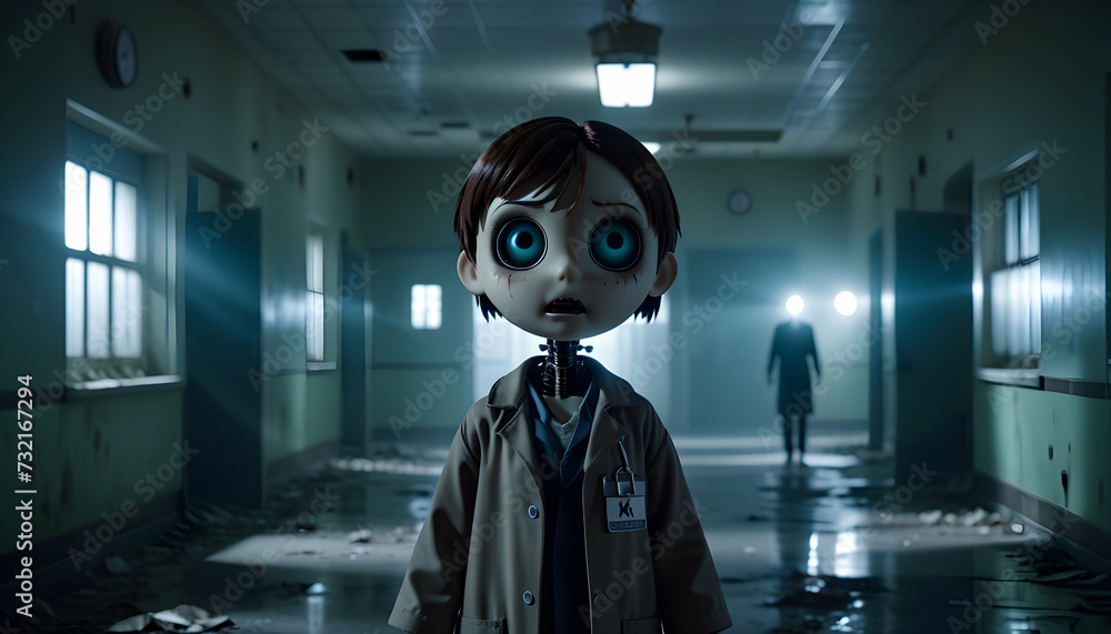A cursed 3D character haunting an abandoned hospital, with flickering ...