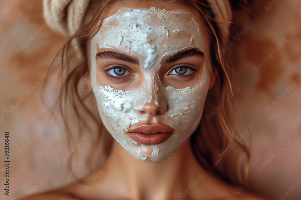 Skincare Model skin acne. Beautiful Woman uses face cream, perfume ...