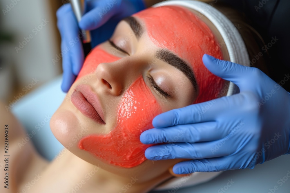 Skincare Model skin treatment. Beautiful Woman uses face cream, spa ...