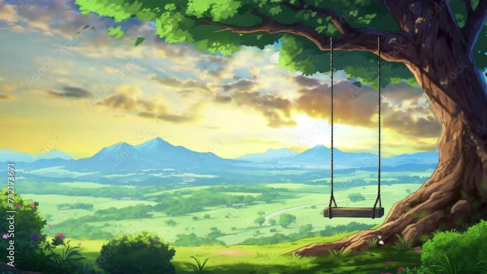 Animated illustration of a hanging wooden swing with a beautiful ...
