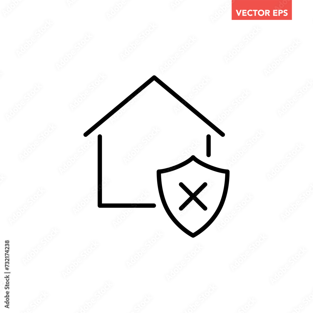 Black single house insecure line icon, simple house shield flat design illustration vector ...