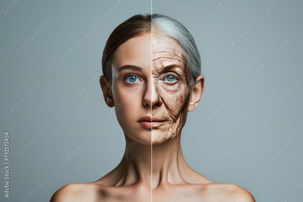 Aging acne and isotretinoin. Comparison young to old woman gray hair ...