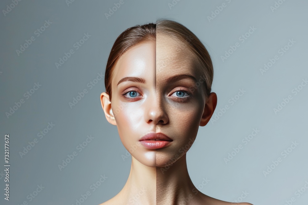 Aging skin hydration. Comparison young to old woman laser therapy. Less ...