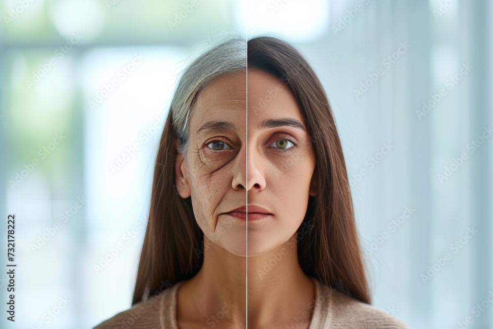 Aging dry skin solutions. Comparison young to old woman senior. Less ...