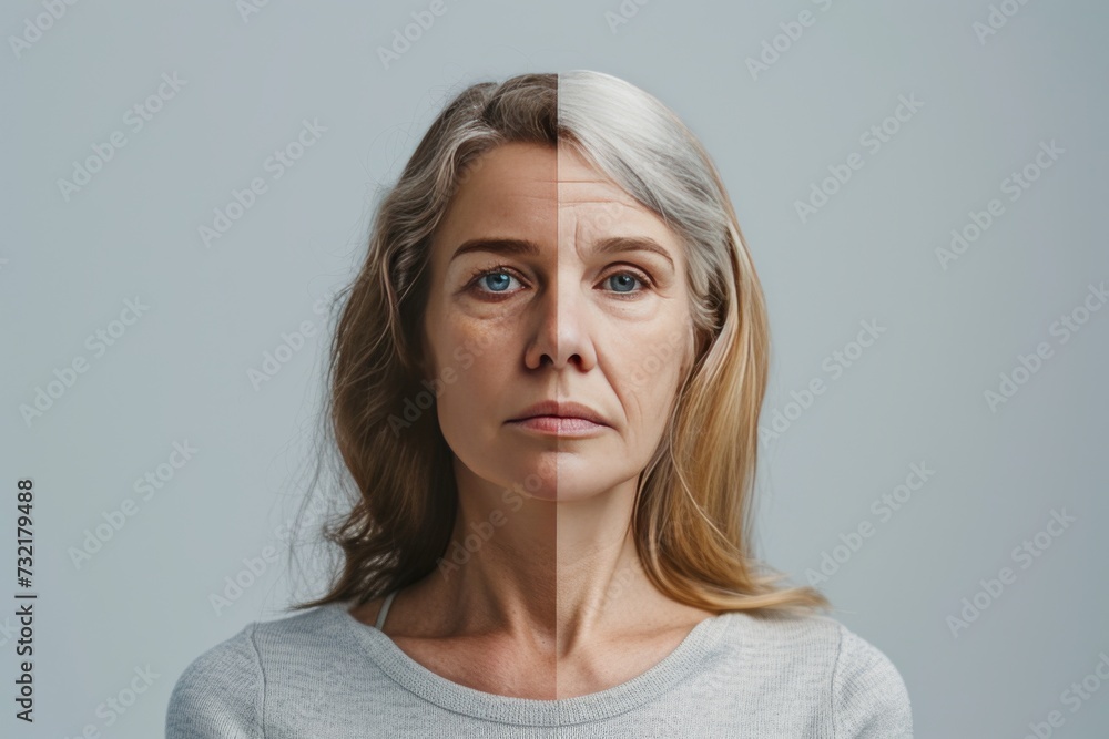 Aging family care. Comparison young to old woman astute. Less Wrinkles ...