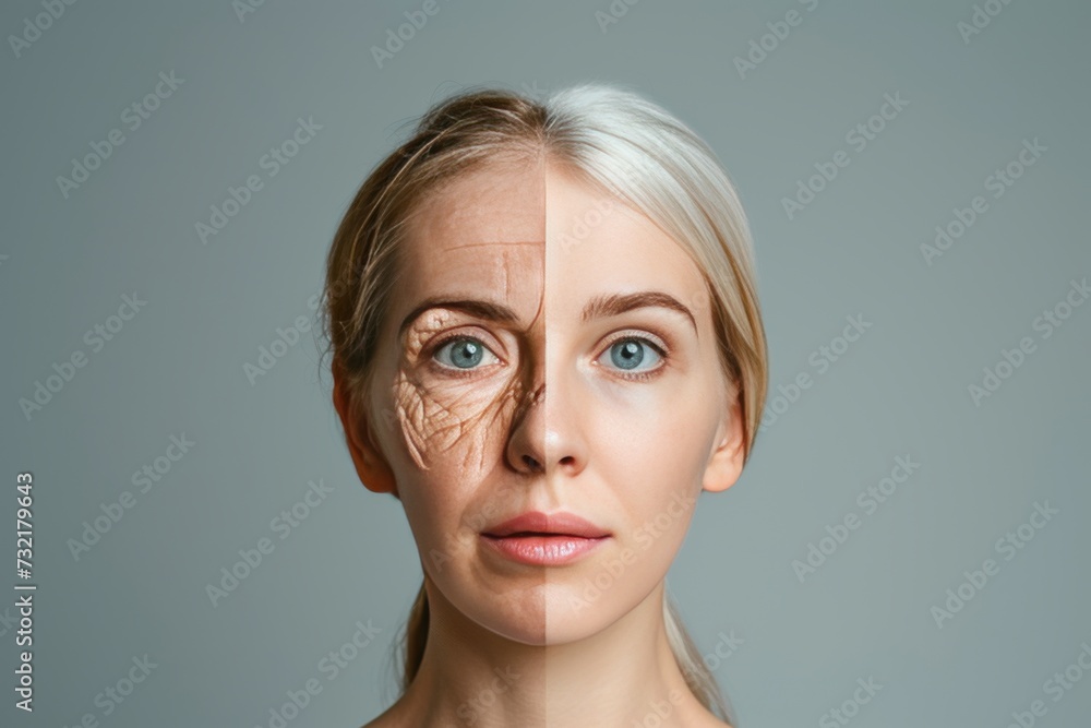 Aging estate planning. Comparison young to old woman thinning hair ...