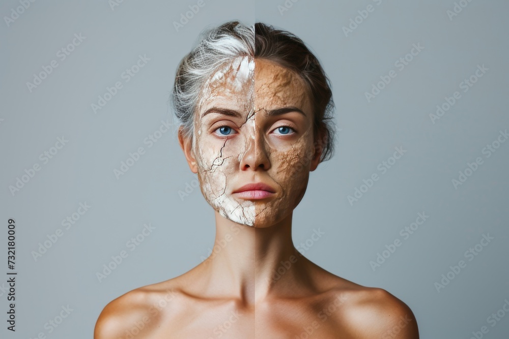 Aging optimal health. Comparison young to old woman sunken temples ...