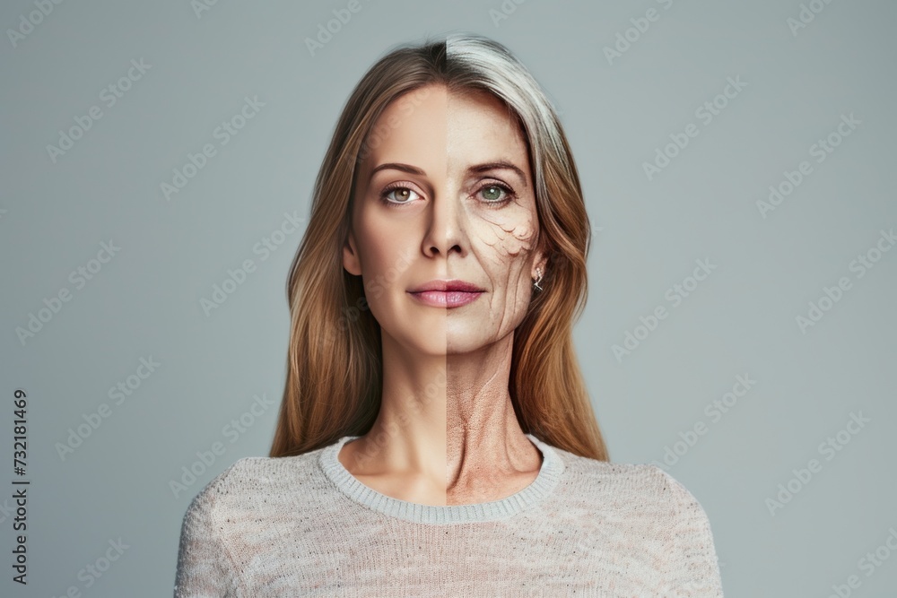 Aging moisturizer. Comparison young to old woman double chin. Less ...