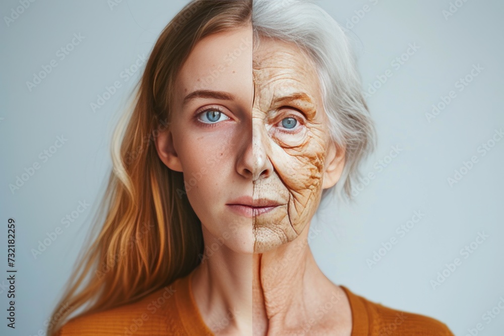 Aging jaw. Comparison young to old woman golden ager. Less Wrinkles ...