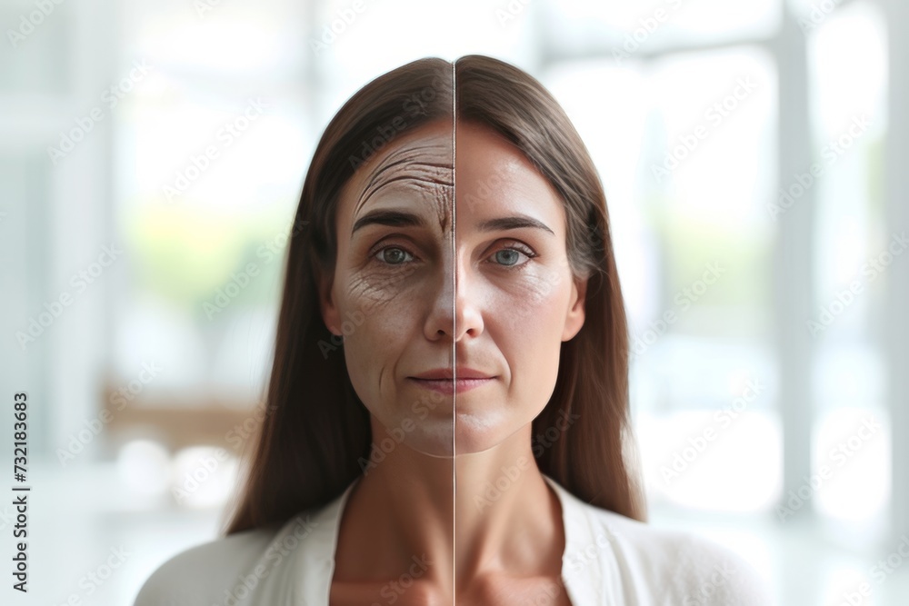 Aging birthmark. Comparison young to old woman sagging skin. Less ...