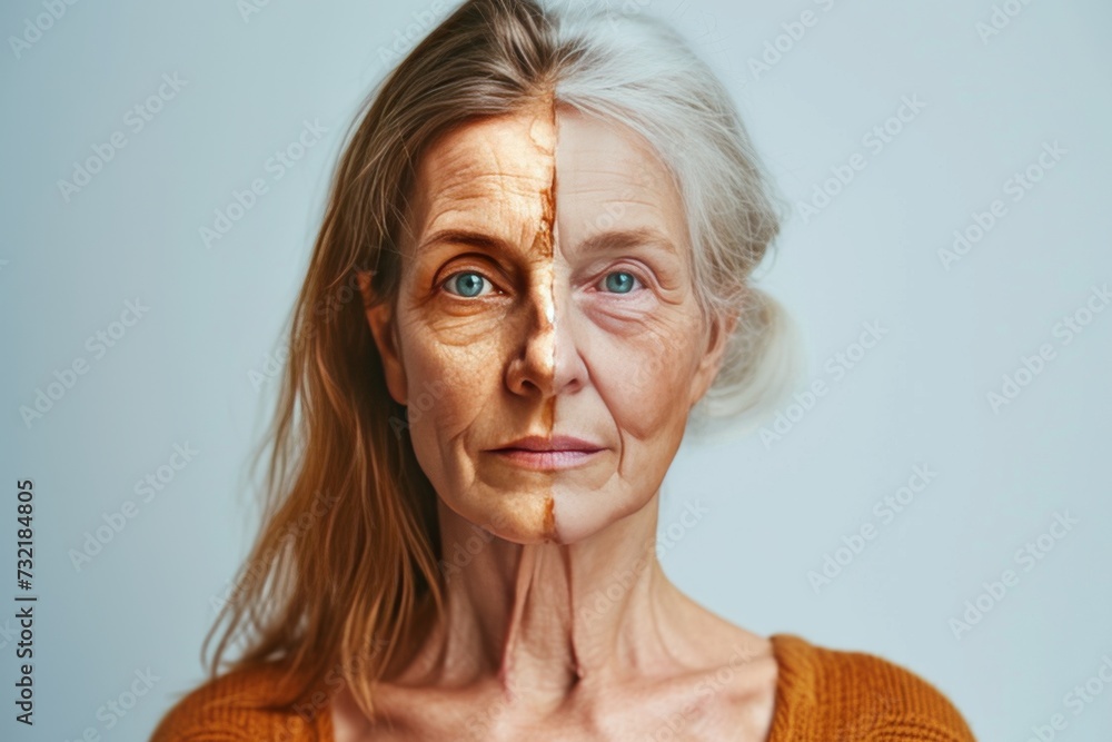 Aging personal care. Comparison young to old woman glycation. Less ...