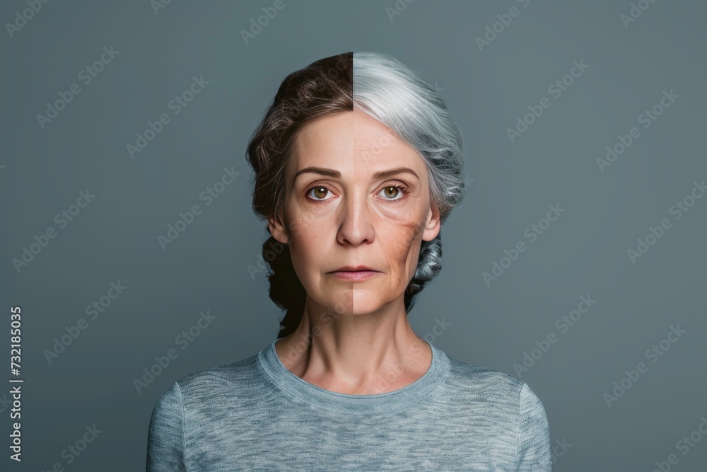 Aging skin examination. Comparison young to old woman fruit facial ...
