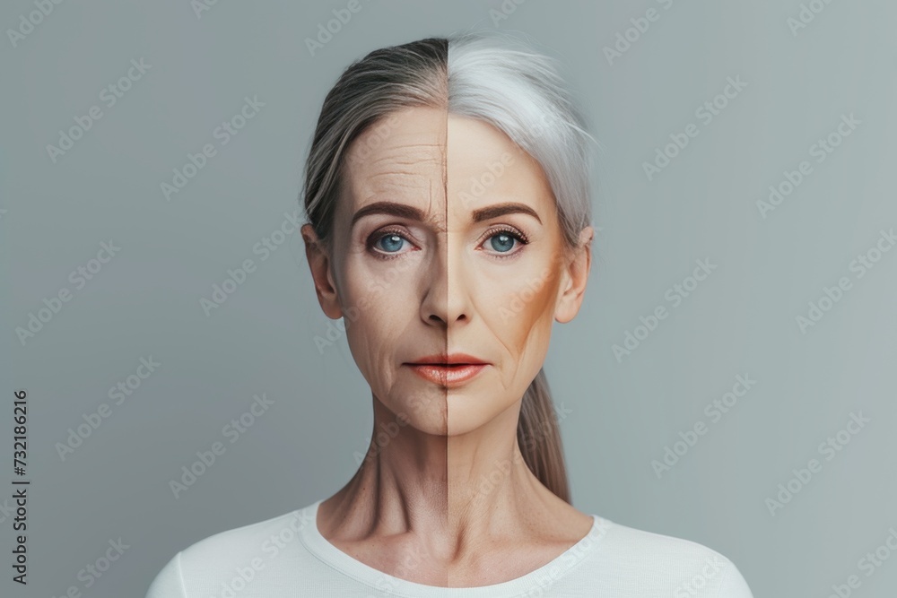 Aging sagging skin treatment. Comparison young to old woman model ...